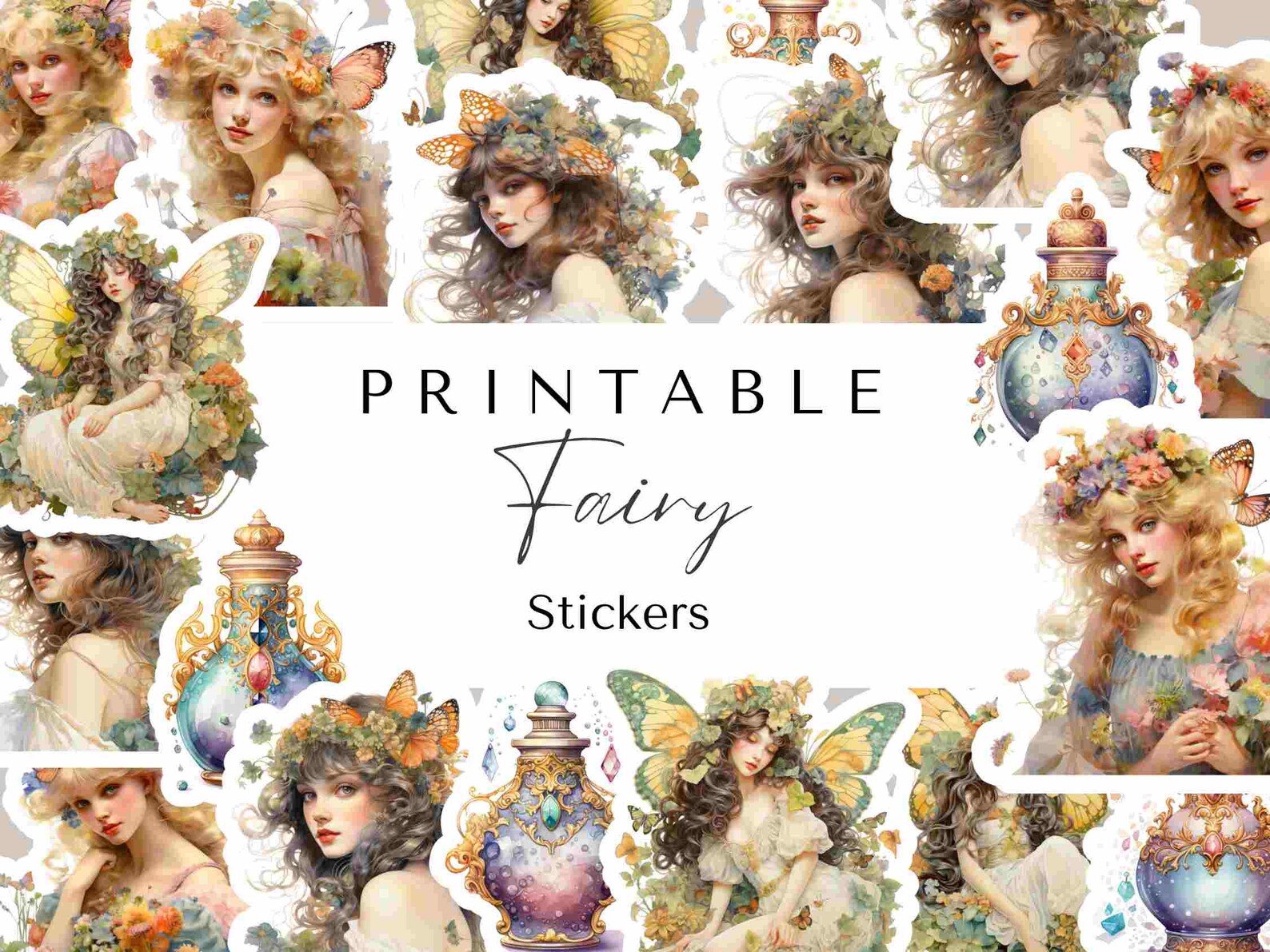 Printable Fairy Sticker Illustrations Bundle! Vintage Junk Journal ...