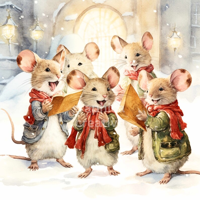 Charming Mice Carolers: Vintage Christmas Illustration Bundle - Etsy