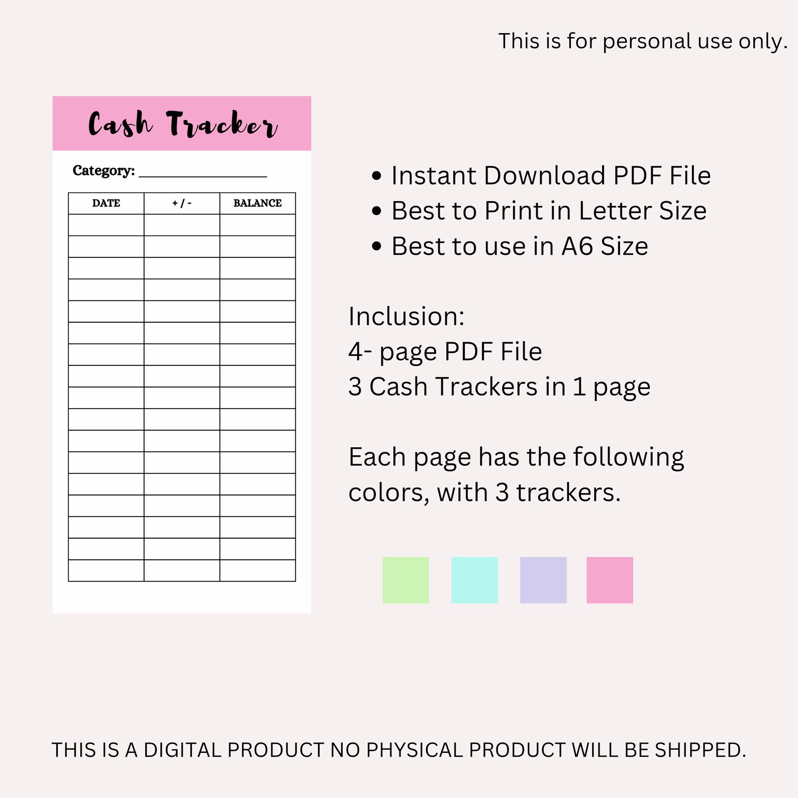 Cash Tracker Inserts Printable A6 Cash Tracker Pastel Cash Tracker ...