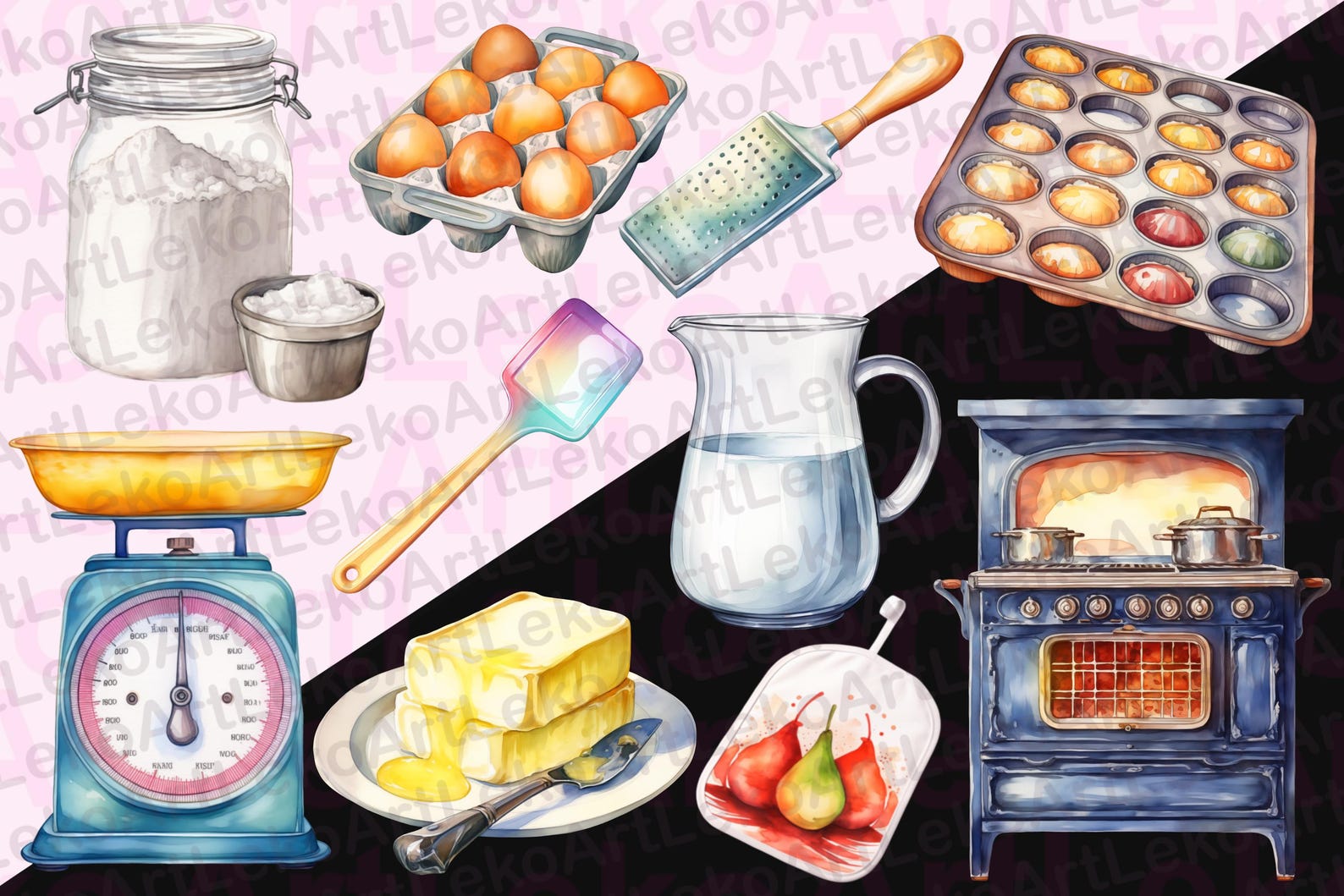 Watercolor Baking Supplies Clipart Hand Drawn Bakery Logo Design DIY ...