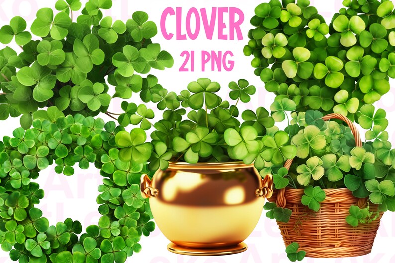 Clover Watercolor Clipart, Printable Fantasy Shamrock Png, Botanical ...