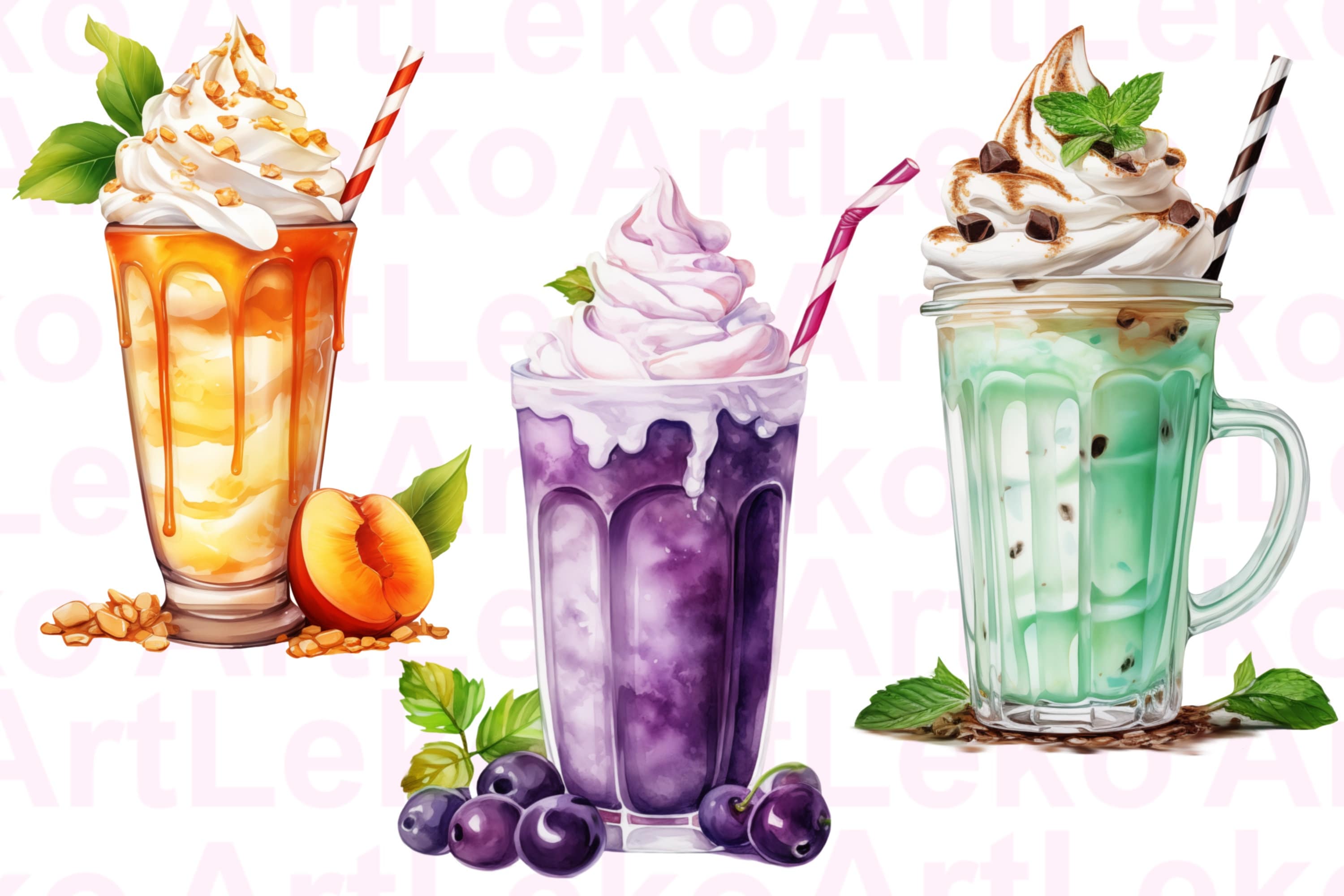 Milkshakes Watercolour Clipart, Fruit Milkshake, Cherry Milkshake Print ...