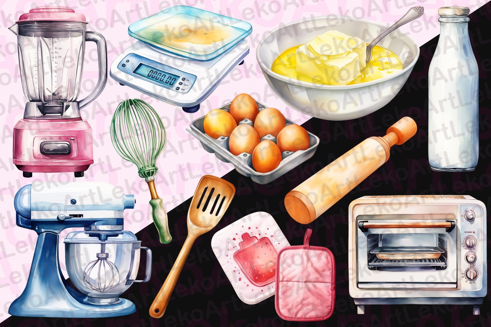 Watercolor Baking Supplies Clipart Hand Drawn Bakery Logo Design DIY ...