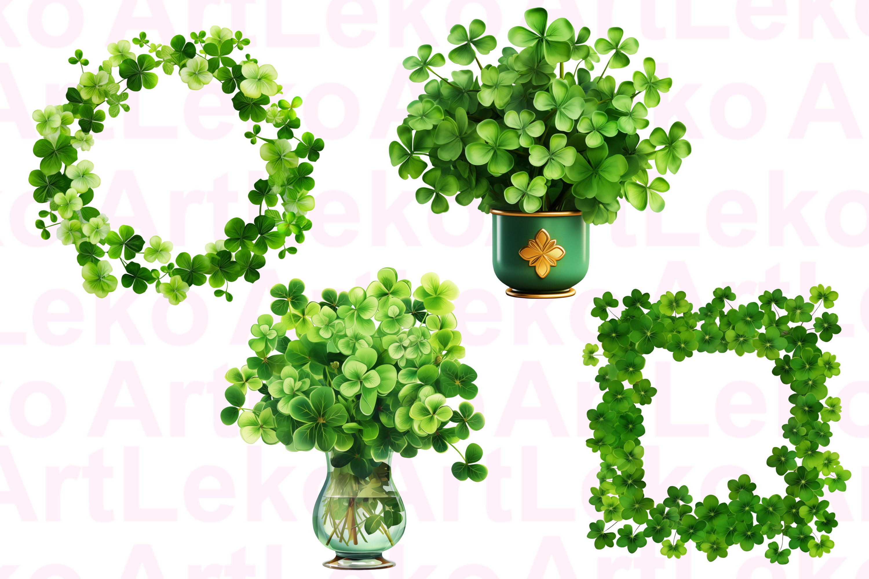 Clover Watercolor Clipart, Printable Fantasy Shamrock Png, Botanical ...