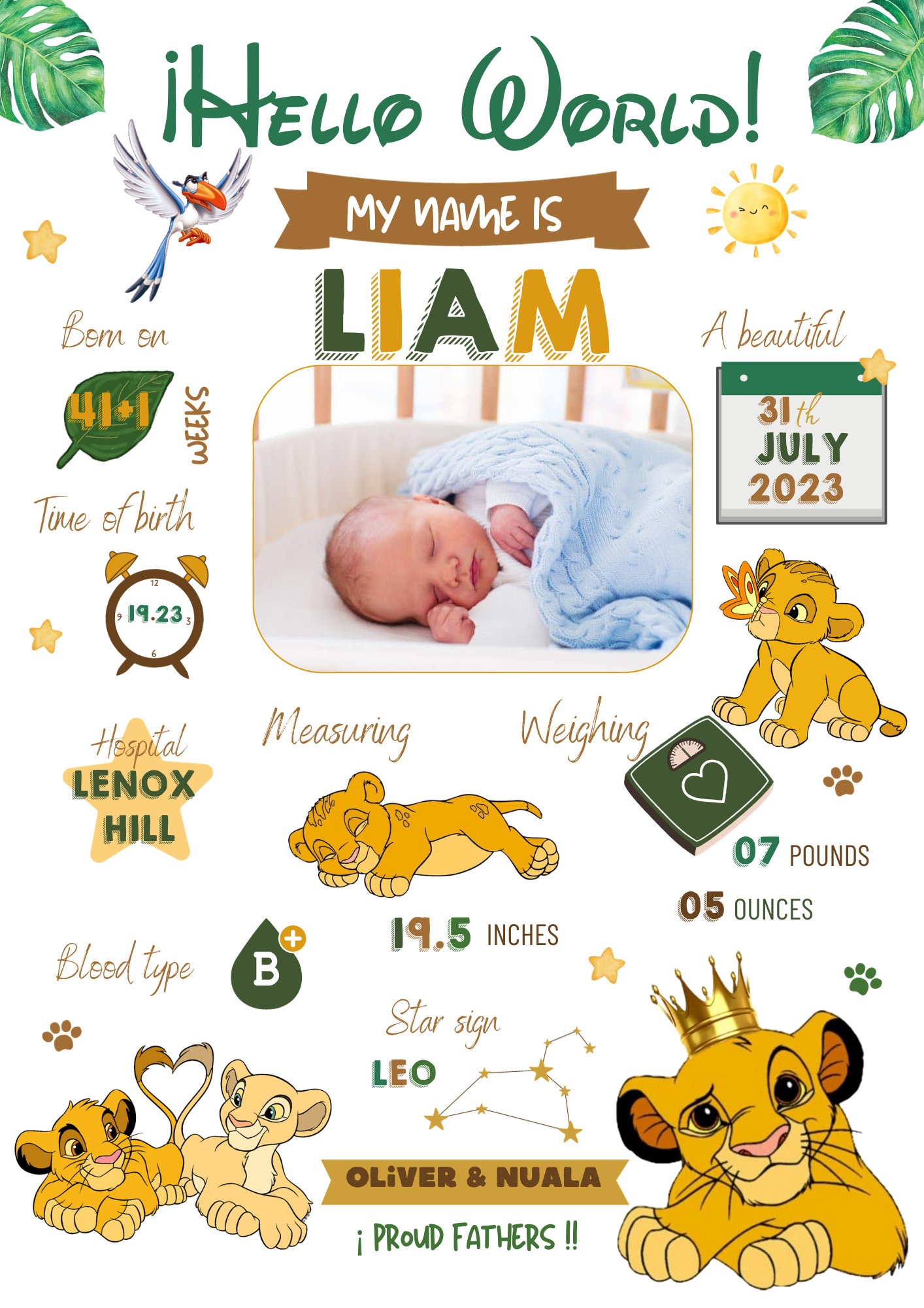 Lion King Simba Birth Baby Announcement Personalised Digital Baby Gift ...