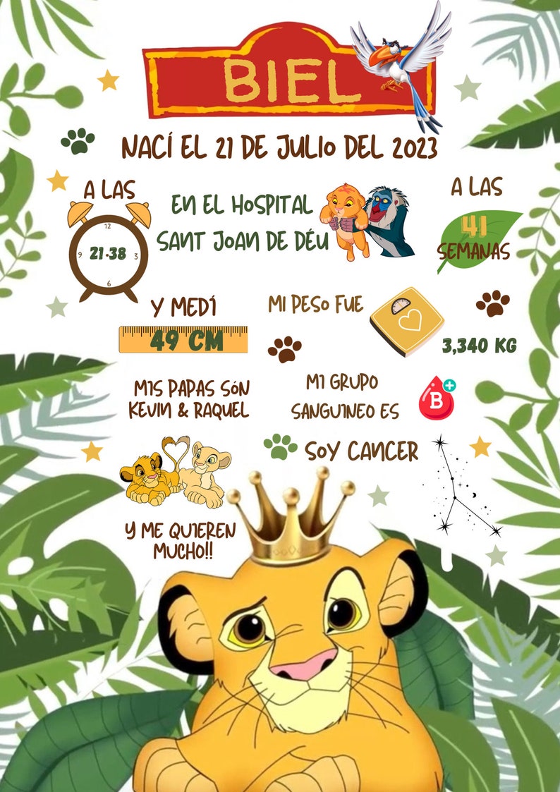 Lion King Simba Birth Baby Announcement Personalised Digital Baby Gift ...