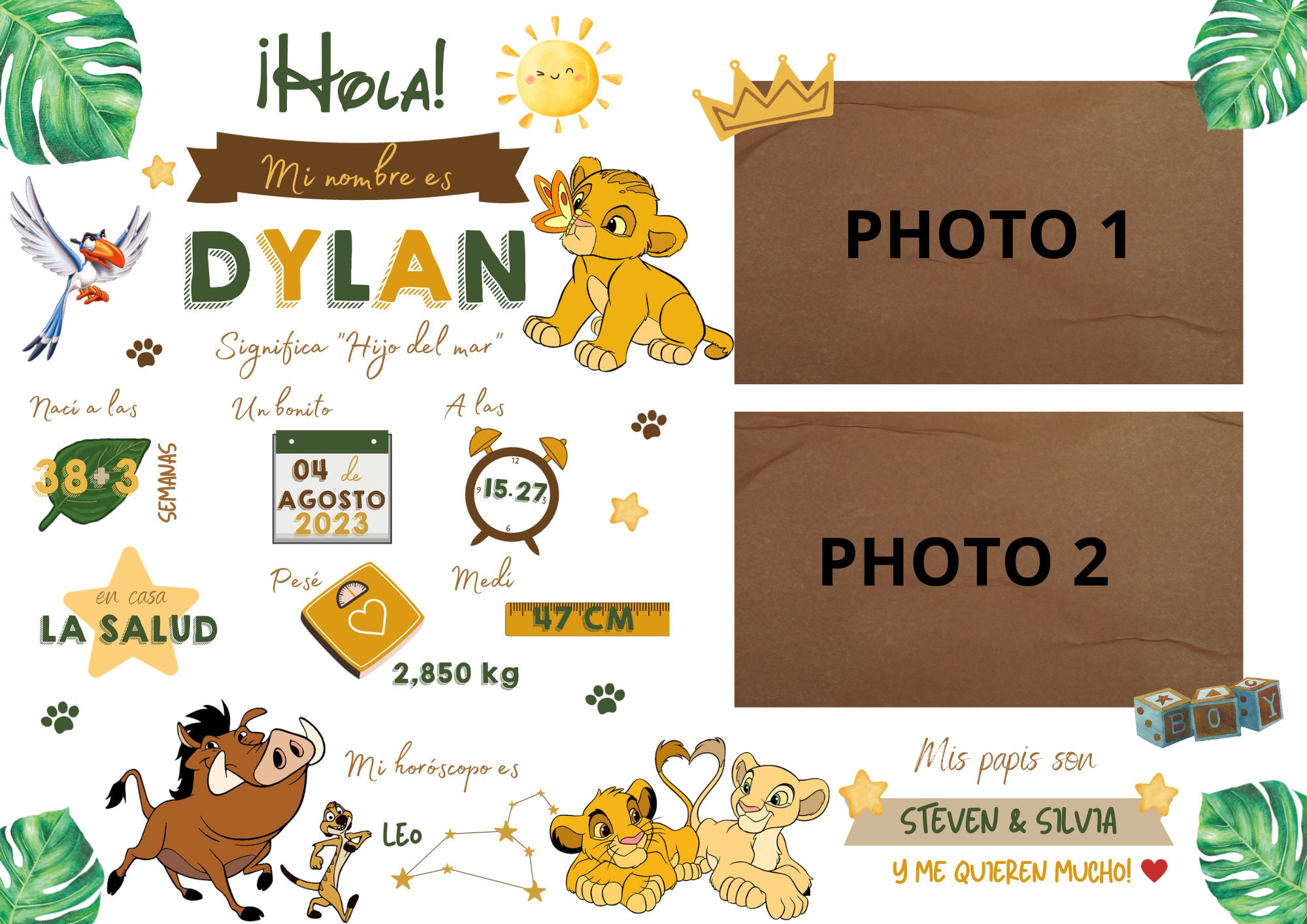 Lion King Simba Birth Baby Announcement Personalised Digital Baby Gift ...