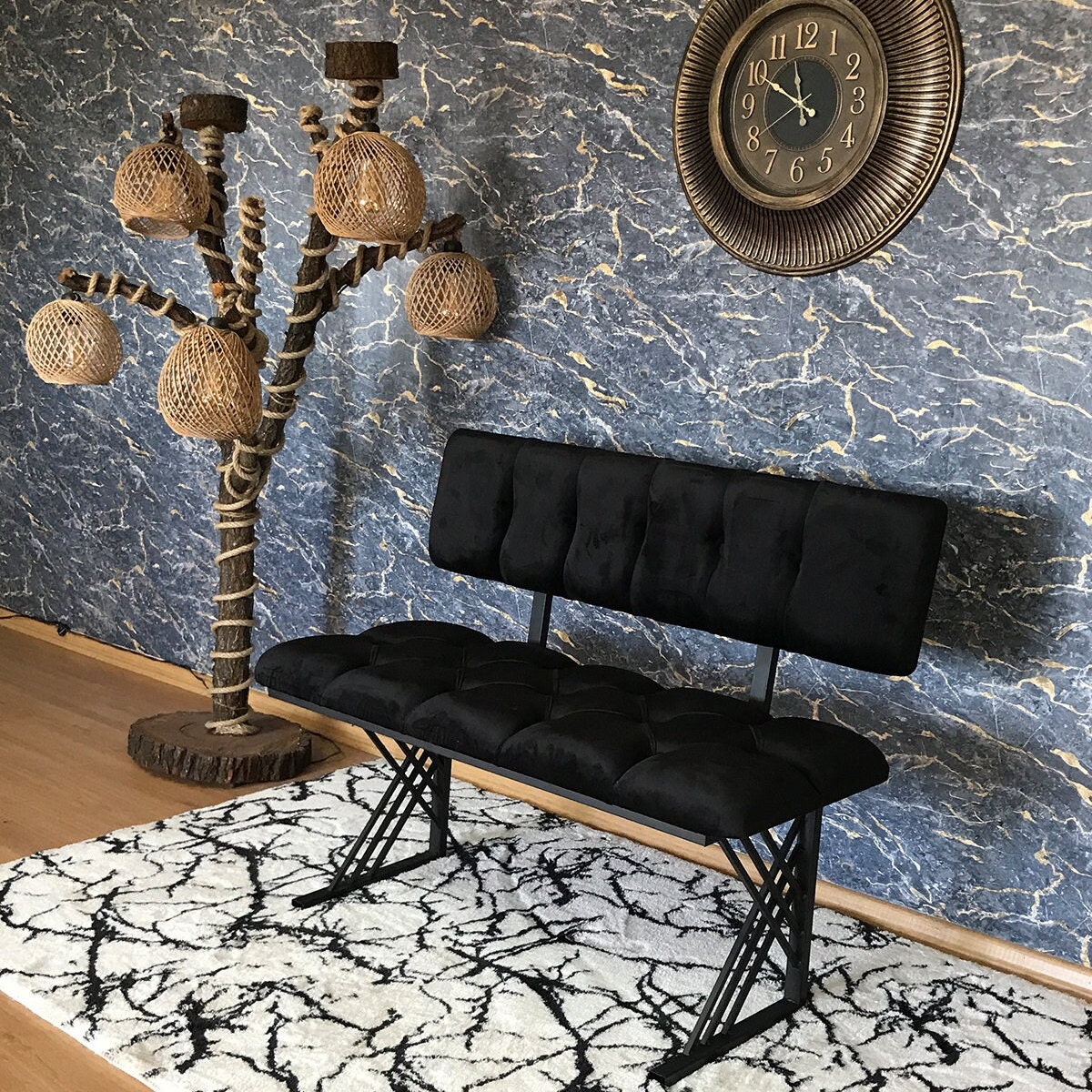 Backrest Bench in Black Color, Bench, Metal or Wooden Bench, Handmade ...