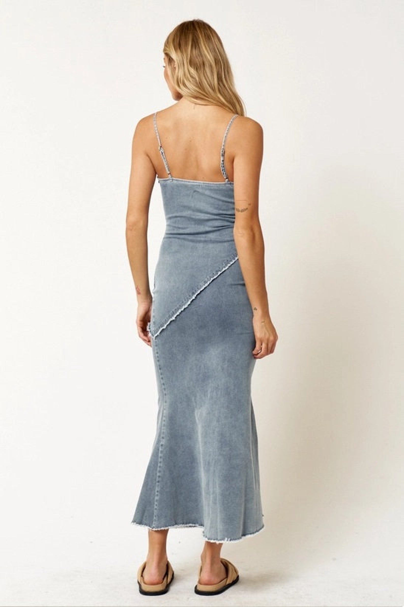 Delaney Denim Strappy Maxi Dress Spring and Summer V-neck Mermaid Jean ...