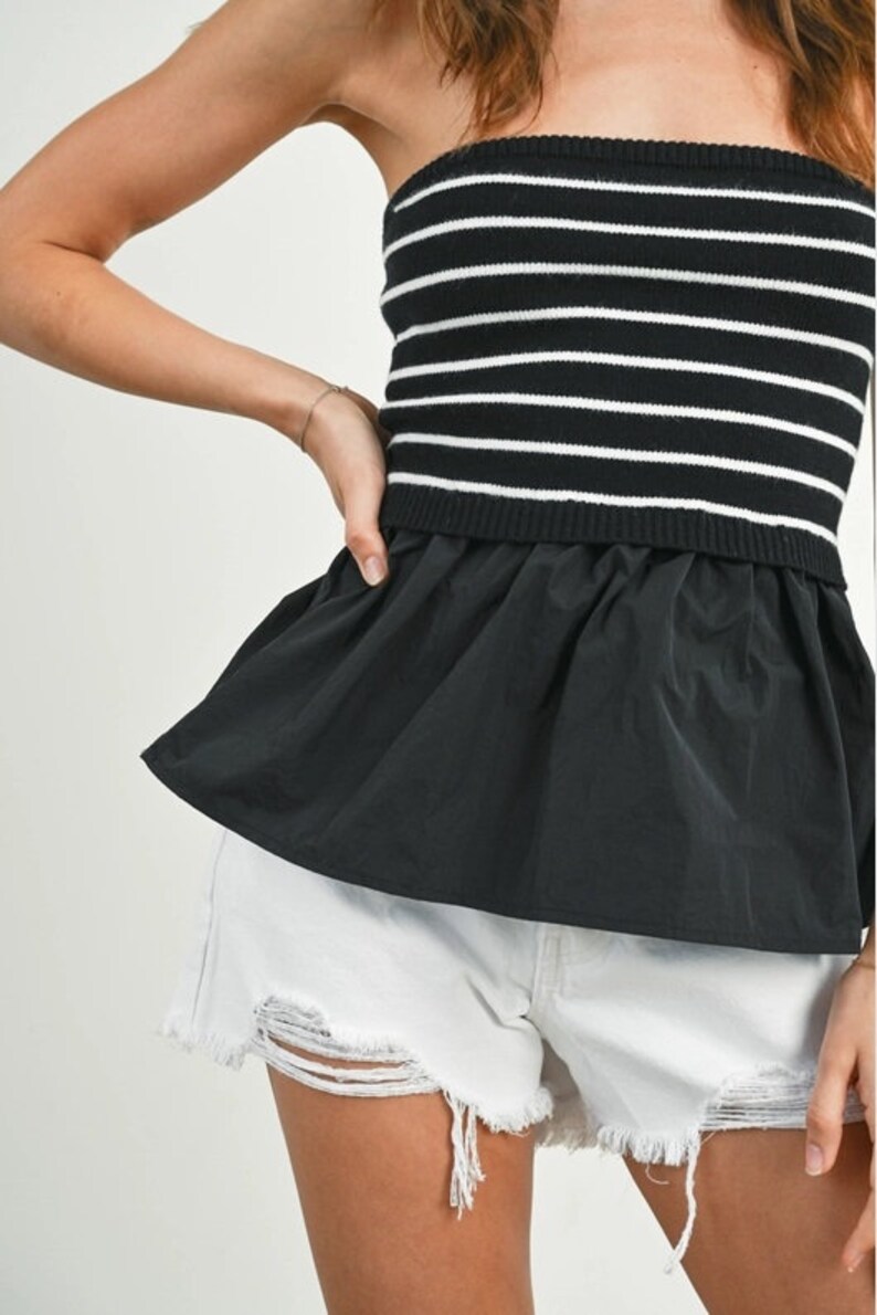 Kenna Flowy Peplum Tube Top | Black and White Striped Flowy Shirt ...