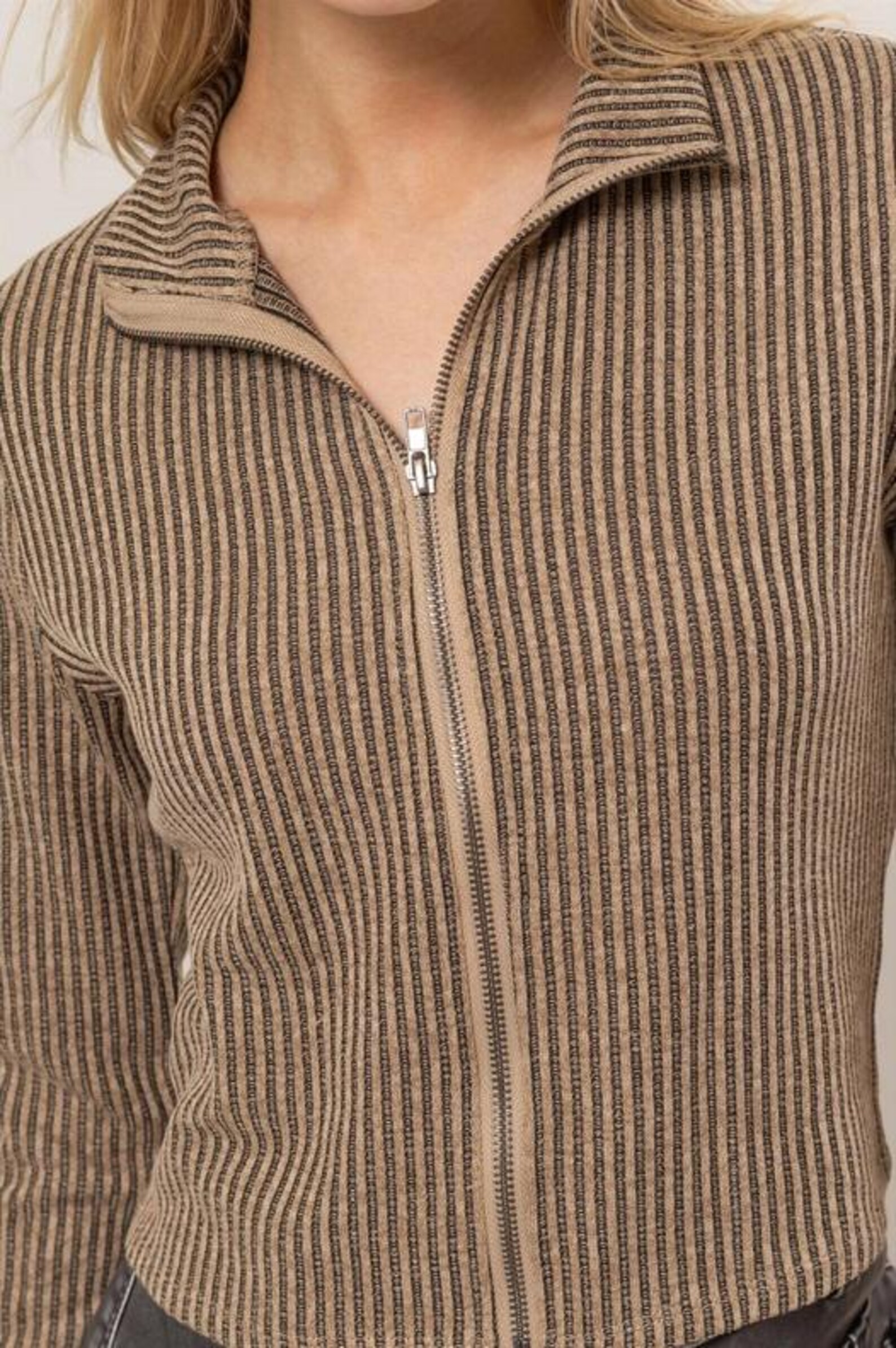 Carla Striped Zip-up Knit Top | Front Zipper | Taupe Tan Beige Neutral ...