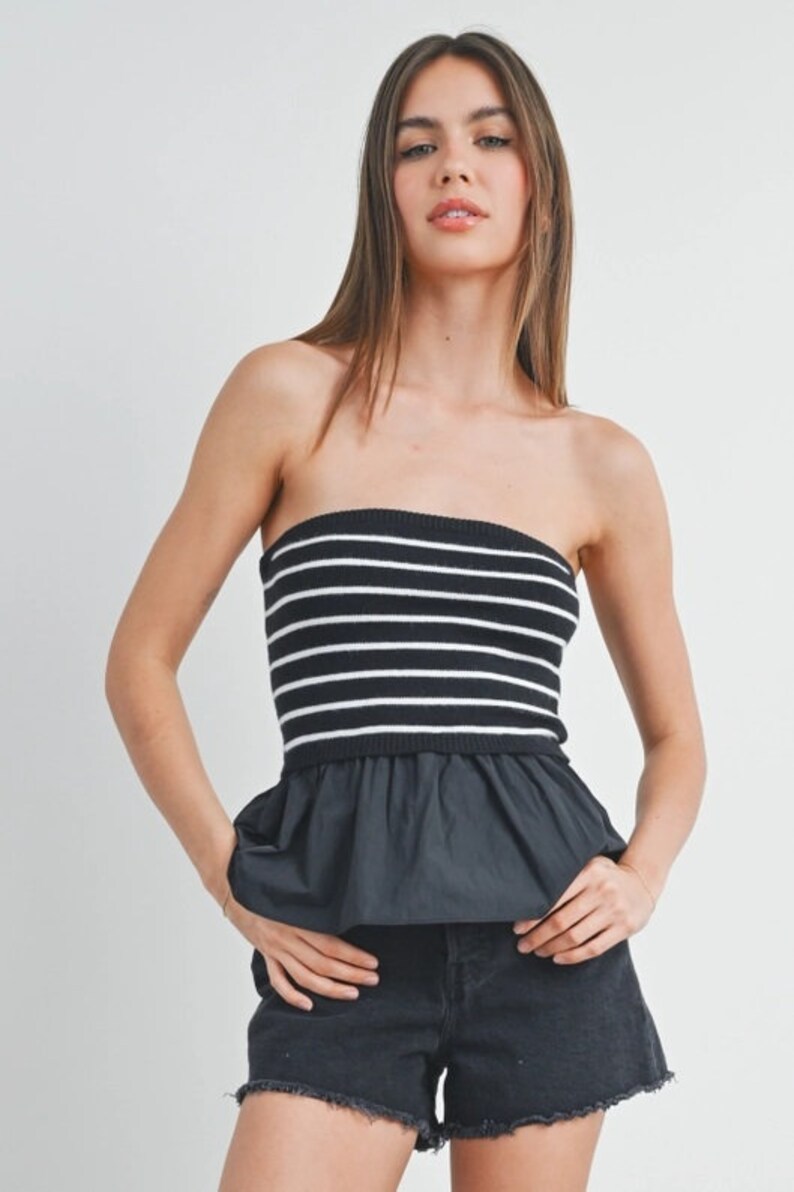 Kenna Flowy Peplum Tube Top | Black and White Striped Tube Top Flowy ...
