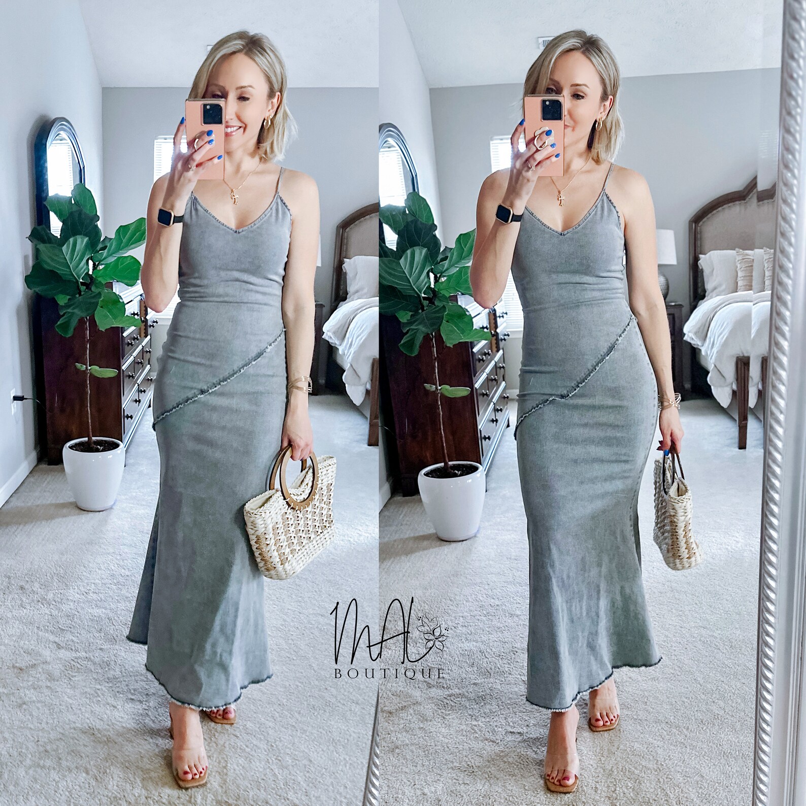 Delaney Denim Strappy Maxi Dress Spring and Summer V-neck Mermaid Jean ...