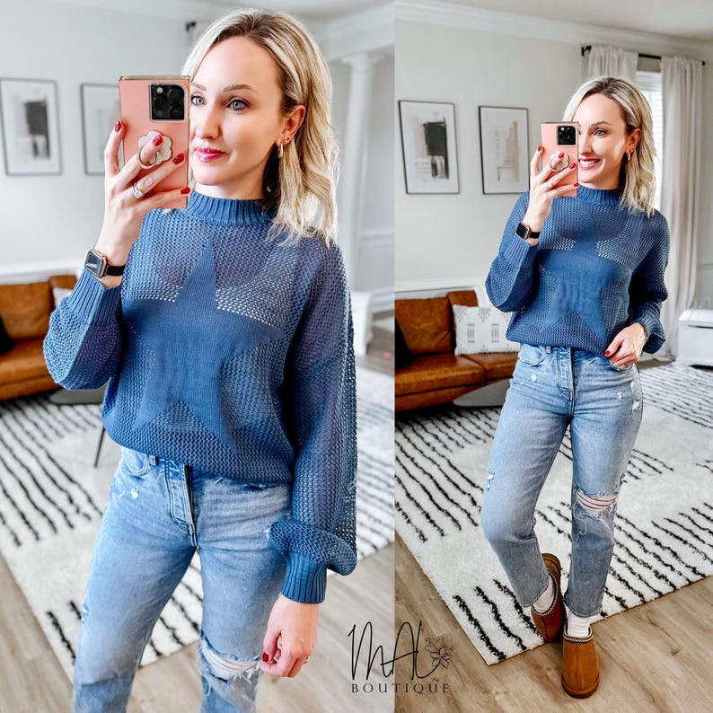 Brooke Star Pattern Open-stich Sweater | Relaxed Fit Blue Women's Shirt ...
