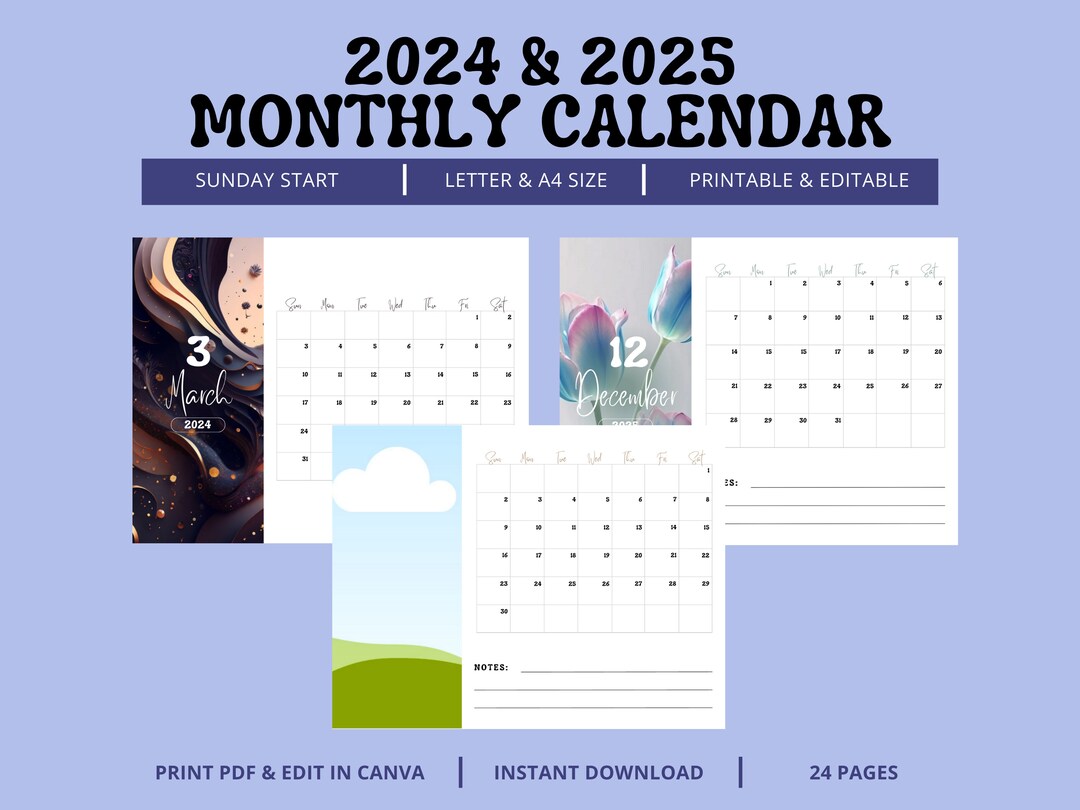 2024 & 2025 Monthly Calendar Landscape Sunday Start, Printable and ...