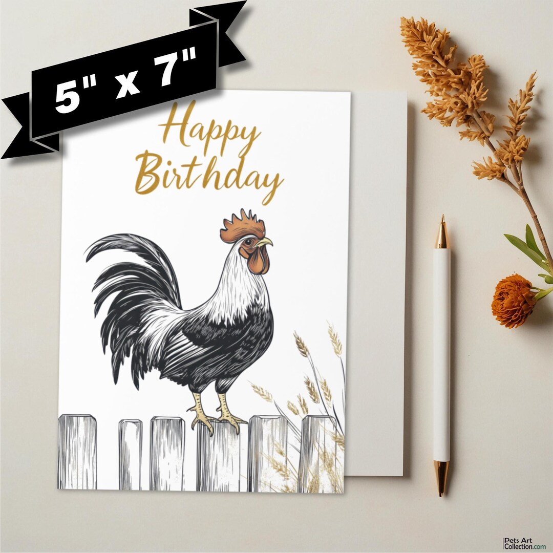 Elegant Rooster Birthday Greeting Card - Rooster Perched on a Rustic ...