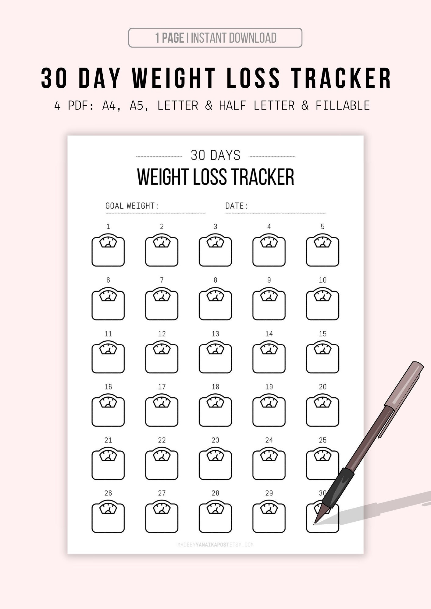 30 Day Weight Loss Tracker Printable, Lose Weight, Weight Loss Goal ...