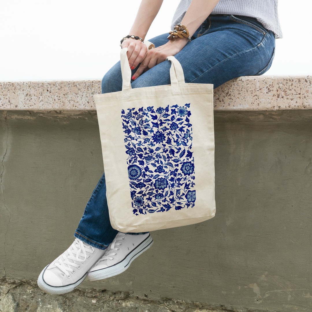 Blue Flower Pattern Tote Bag Aesthetic Tote Bag, Artistic Tote Bag ...