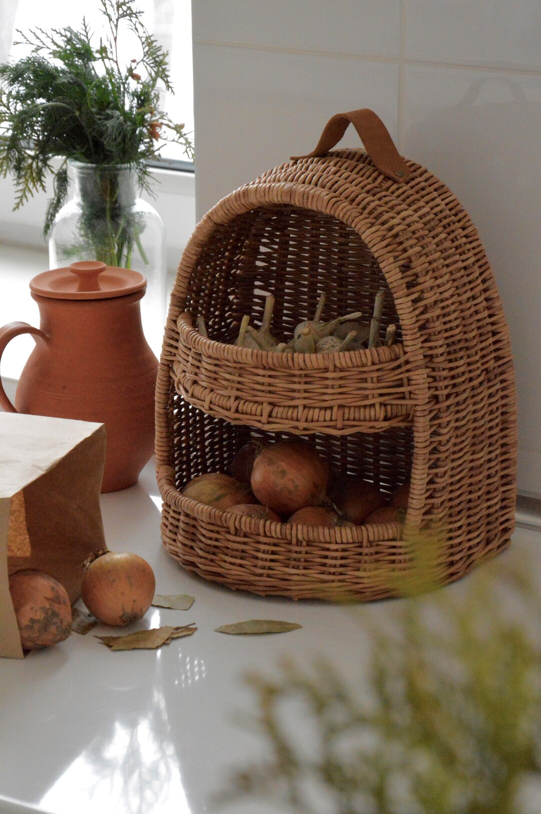 Wicker Basket for Storing Vegetables, Onions and Garlic in the Kitchen ...