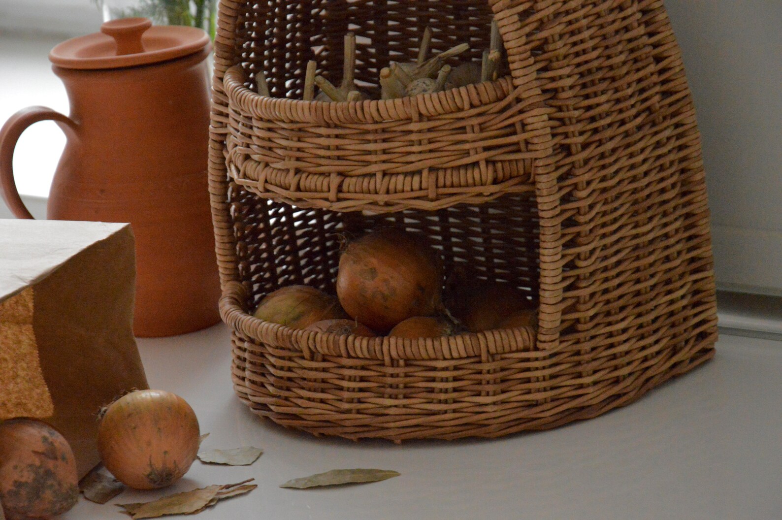 Wicker Basket for Storing Vegetables, Onions and Garlic in the Kitchen ...