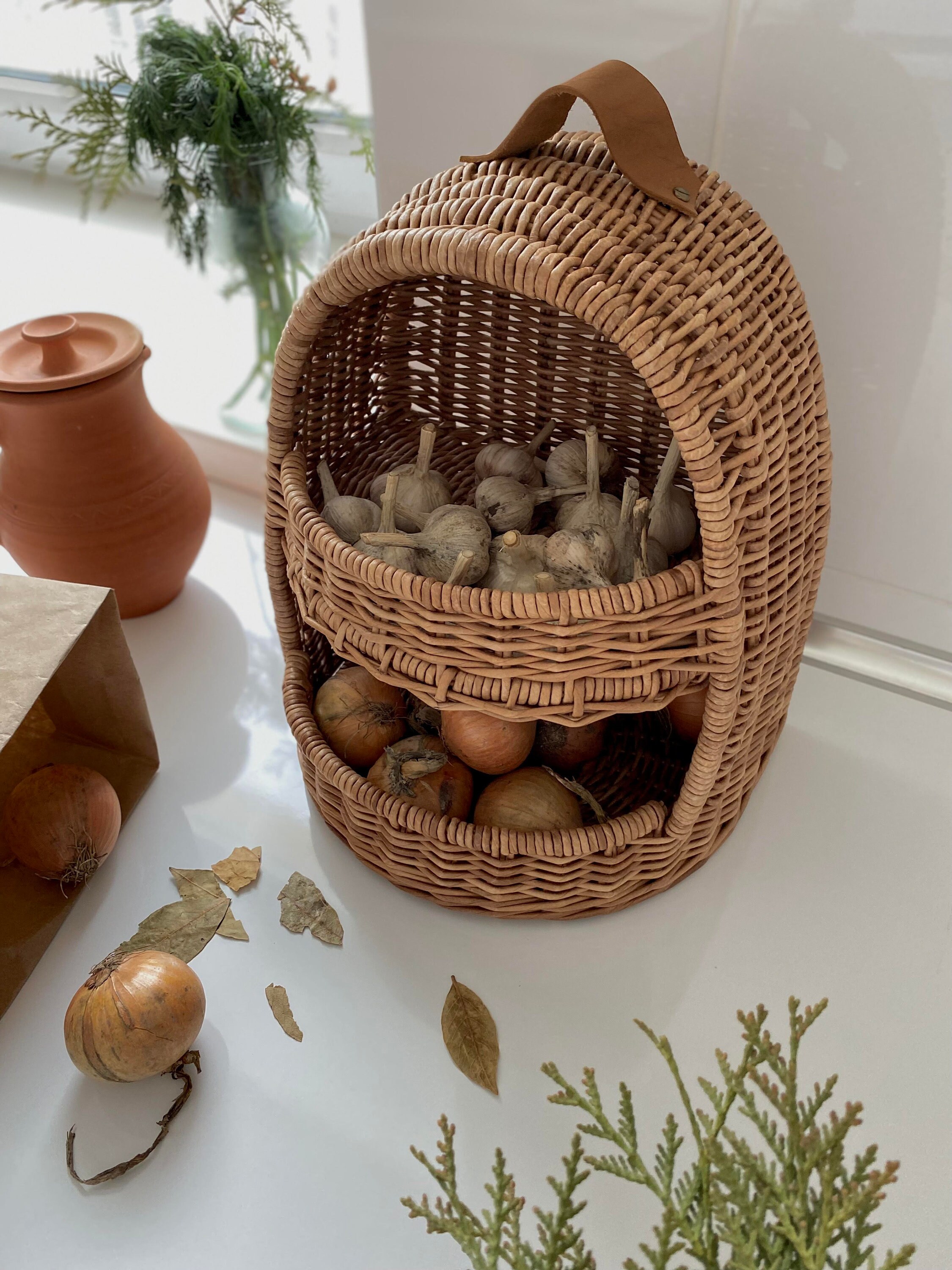 Wicker Basket for Storing Vegetables, Onions and Garlic in the Kitchen ...