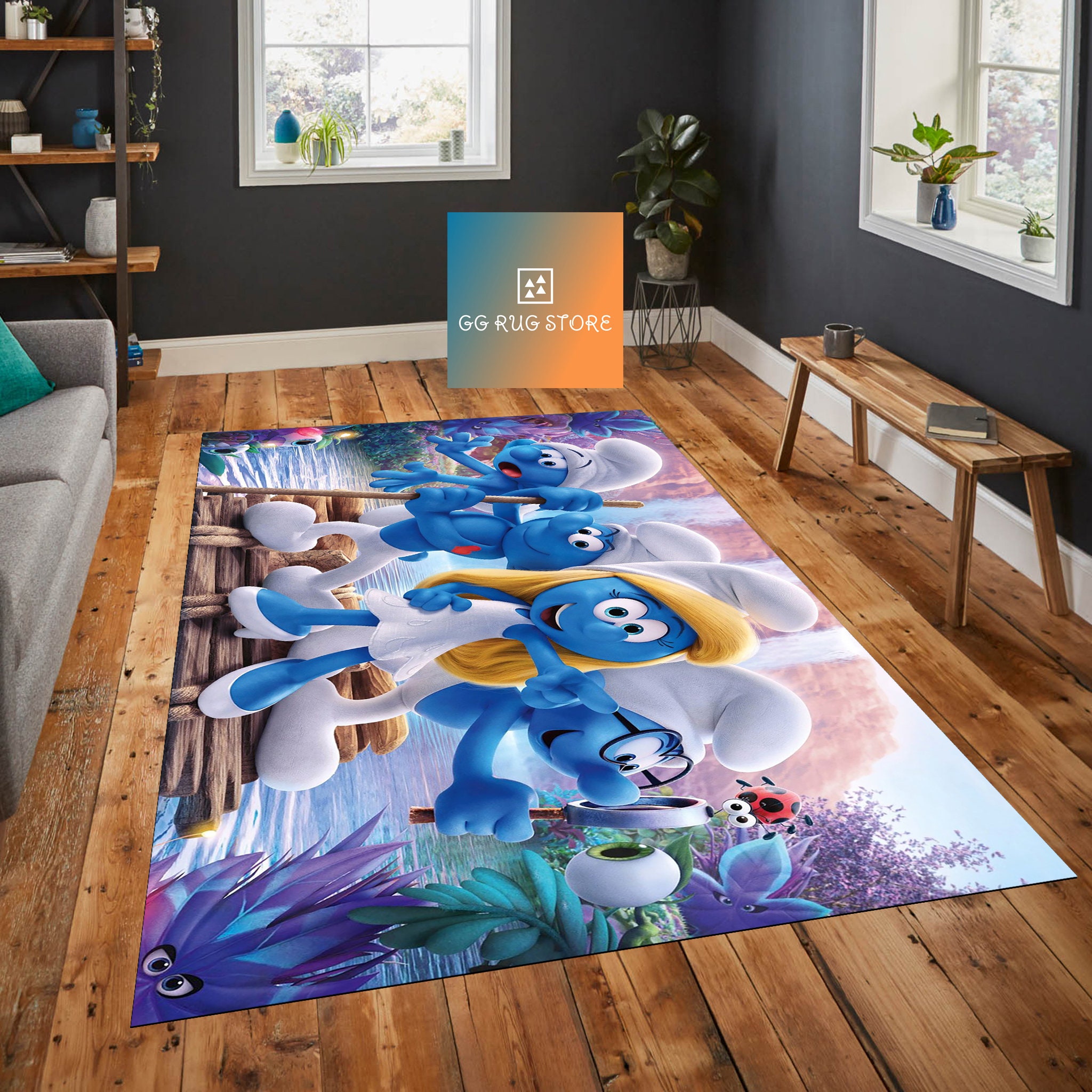 The Smurfs Rug, Cartoon Rug, Old Movie Rug, Blue Dwarf Rug, Rug for ...