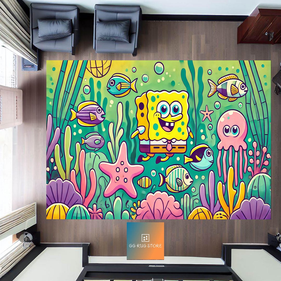 Cartoon Sea Life Rug, Inspired by Beloved Animated Characters, Colorful ...