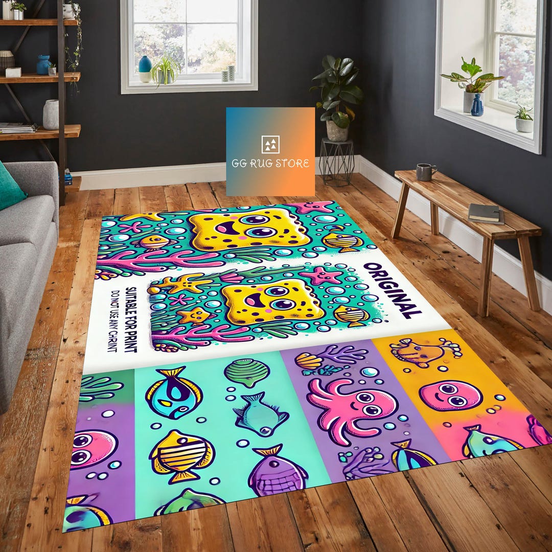 Underwater Cartoon Rug, Playful Sea Life Rug, Kids Room Decor, Sponge ...