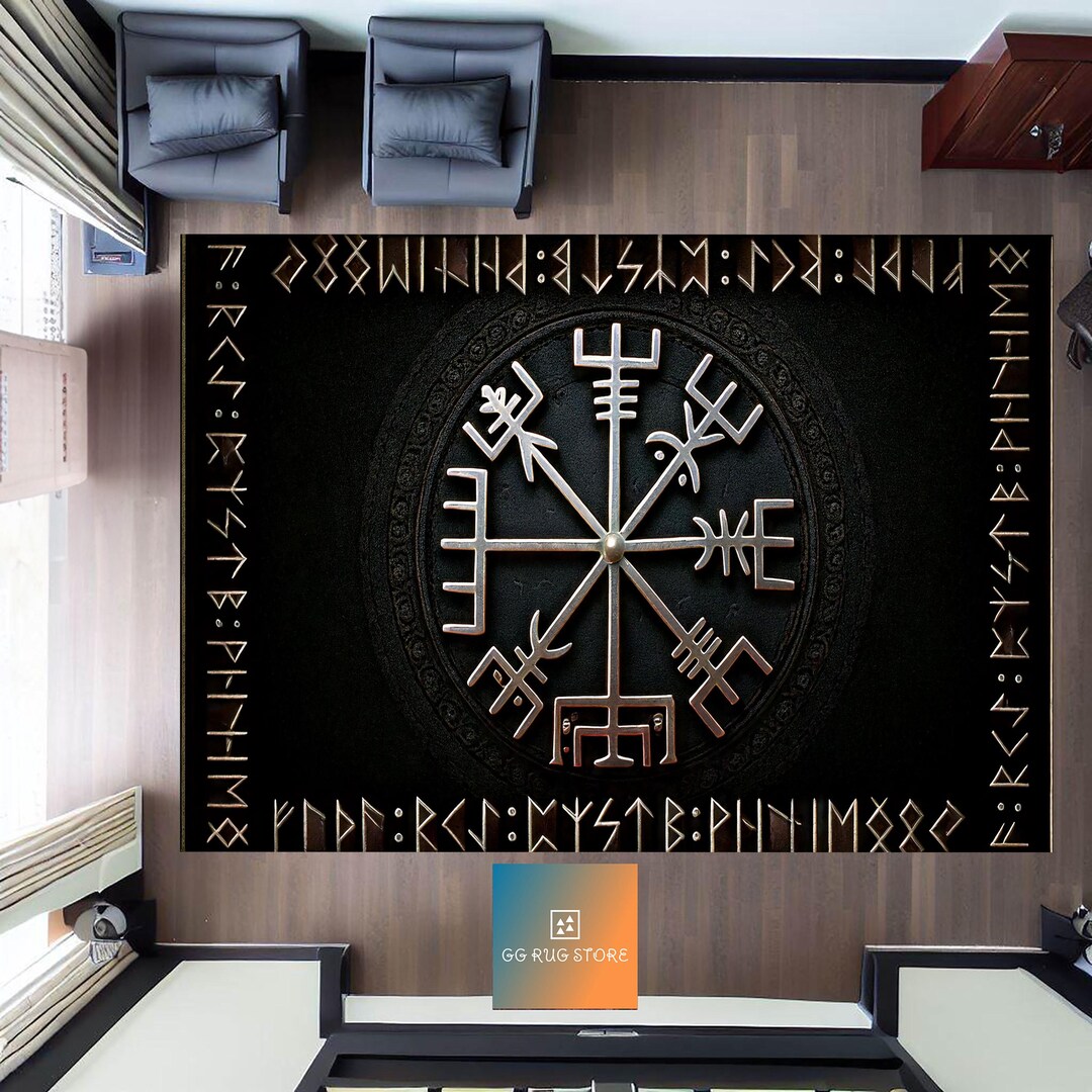 Norse Vegvisir Rug, Viking Compass Decor, Rune Symbol Rug, Scandinavian ...