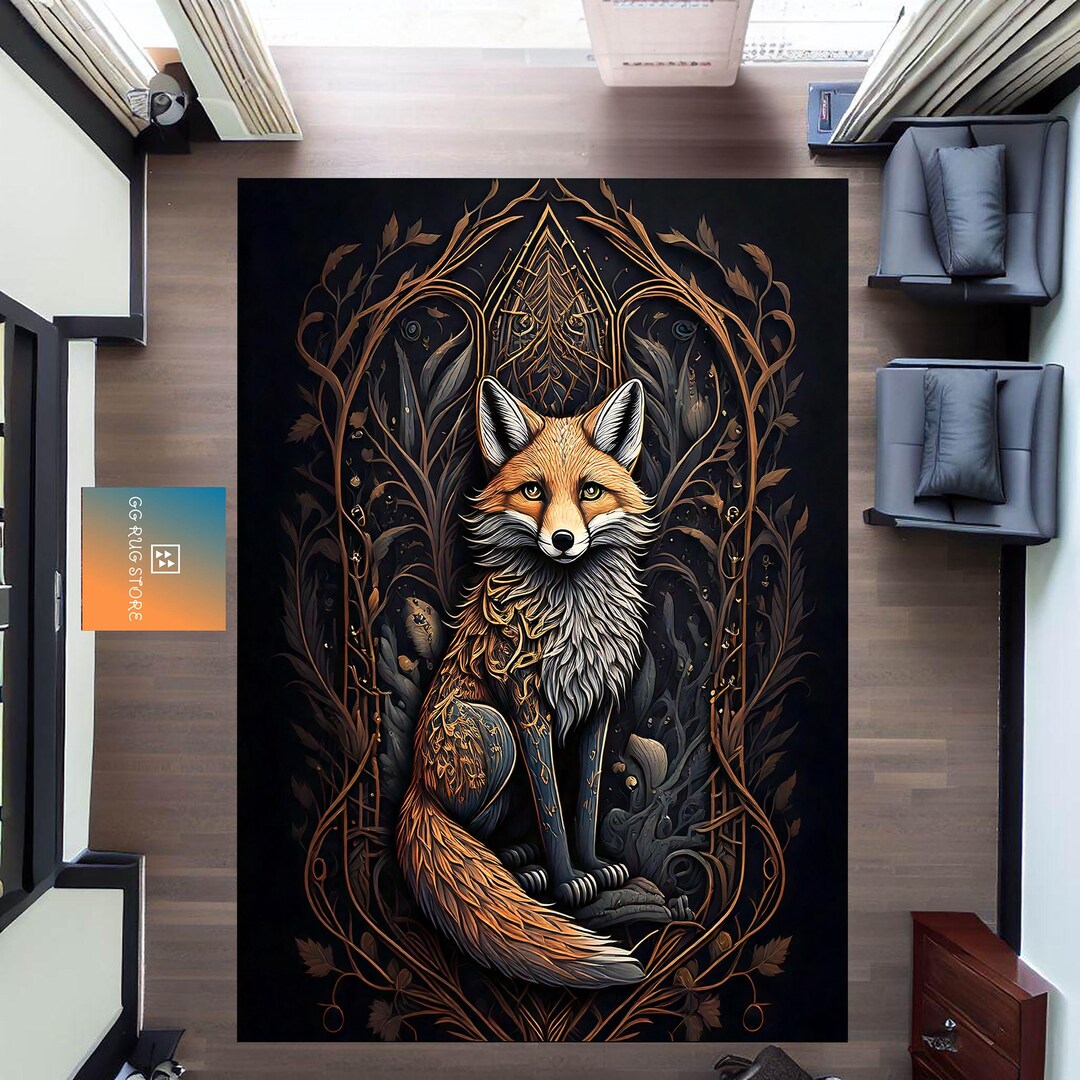 Fox Forest Rug, Woodland Decor, Gothic Fox, Dark Botanical, Cottagecore ...