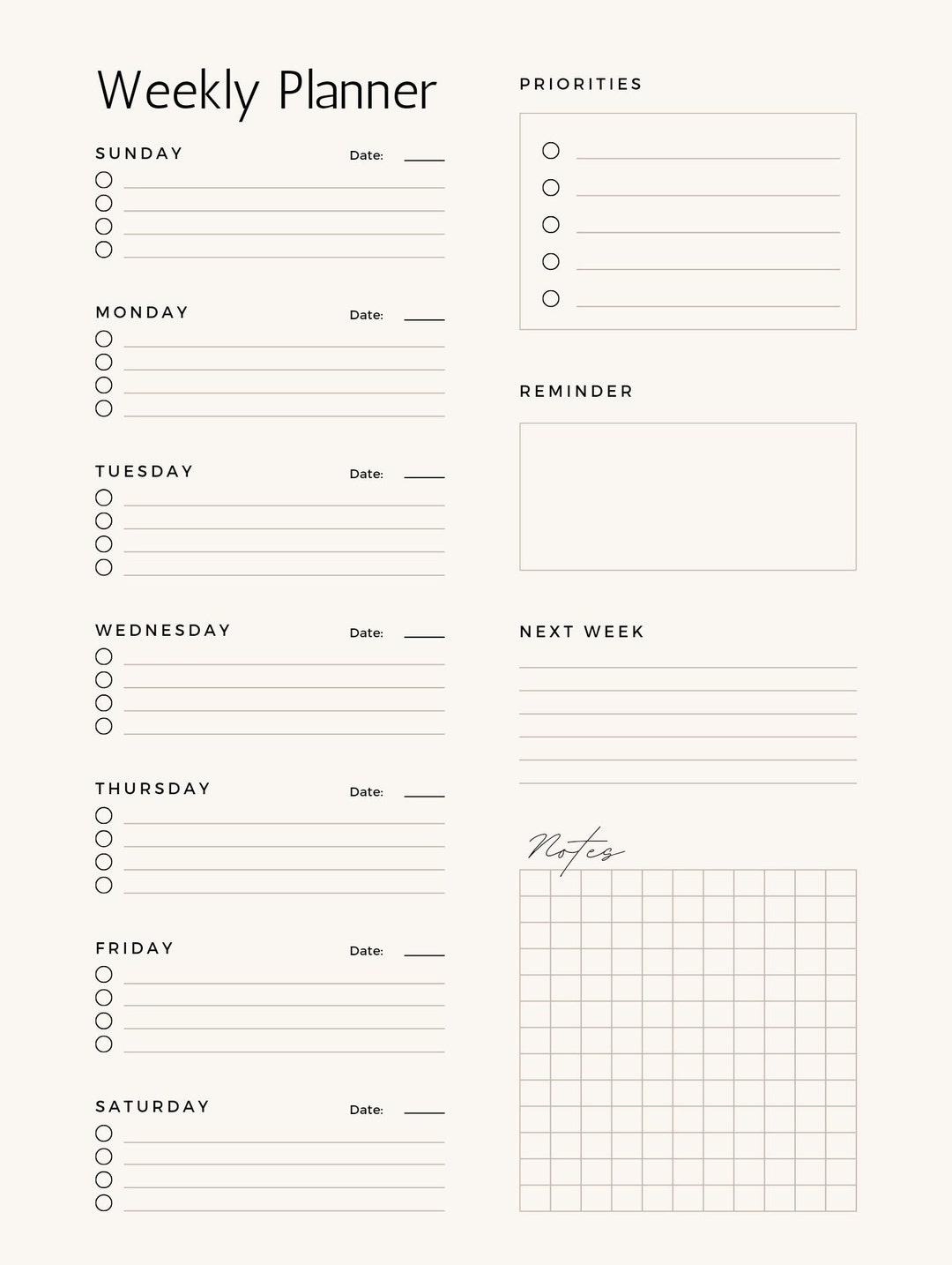 Beige Minimalist Weekly Planner - Etsy