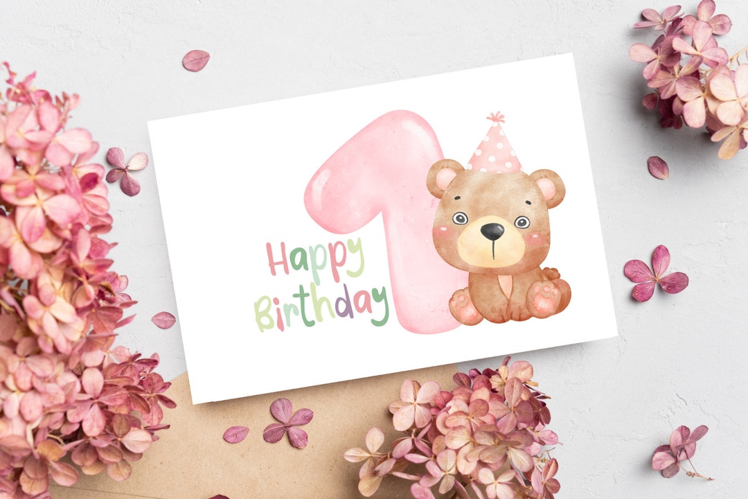 Happy Birthday Card Cute Bear Theme for Kids Ages 1-9, Digital ...