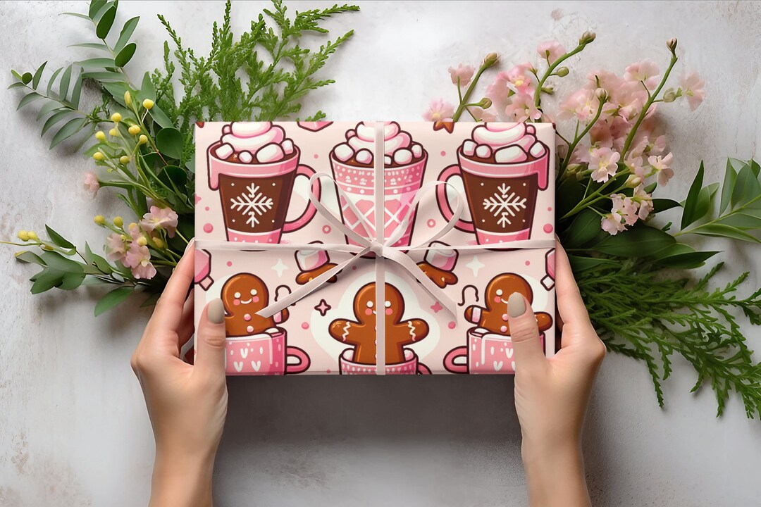 Pink Gingerbread Man & Hot Cocoa Christmas Wrapping Paper, Holiday Gift ...