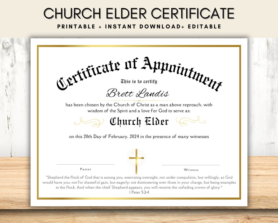 Editable Church Elder Certificate of Appointment, Church Printable ...