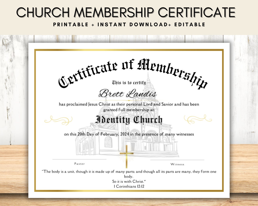 Church Membership Certificate Editable, Certificate of Membership for ...