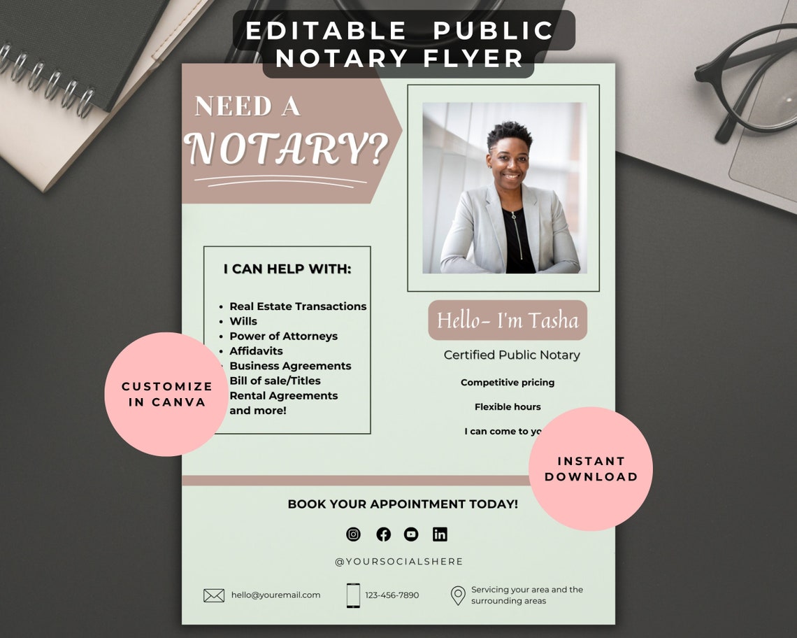 Printable Notary Services Flyer Template, Editable Public Notary ...