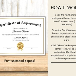 Editable Certificate of Achievement Award, End of the Year Student ...
