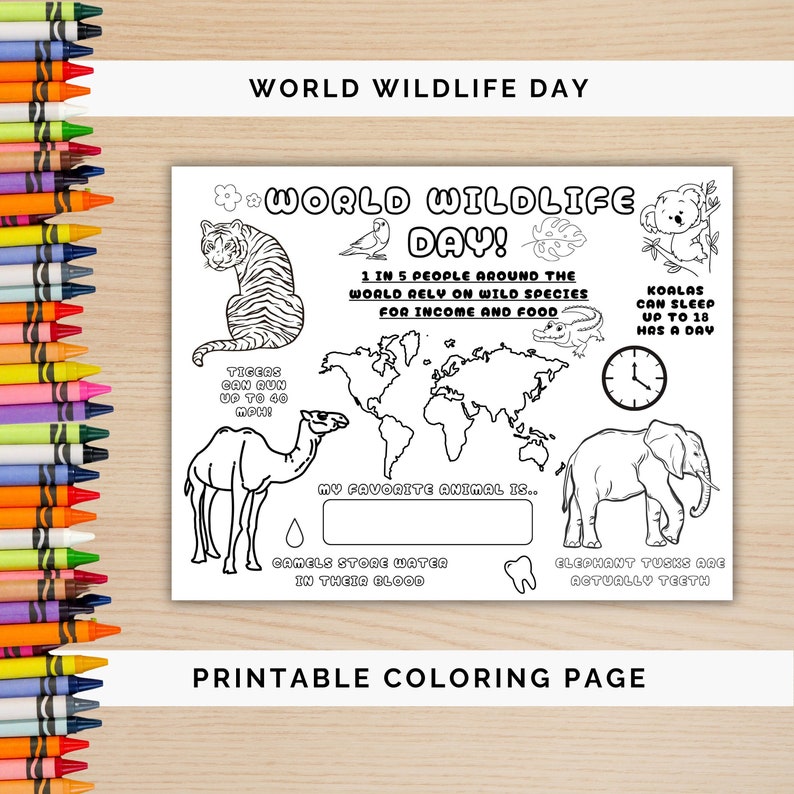 World Wildlife Day Coloring Page, Wildlife Activity Placemat, March 3rd ...