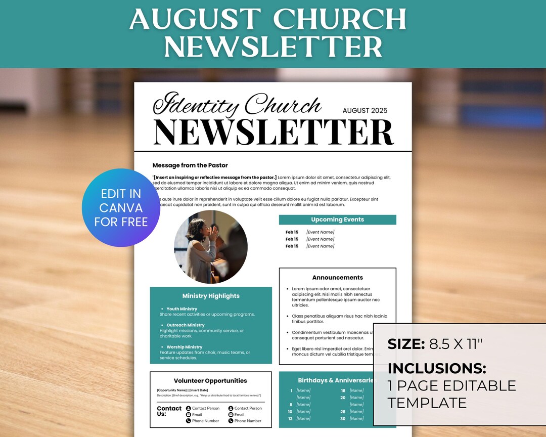 August Church Newsletter Template, August Newsletter Canva Editable ...