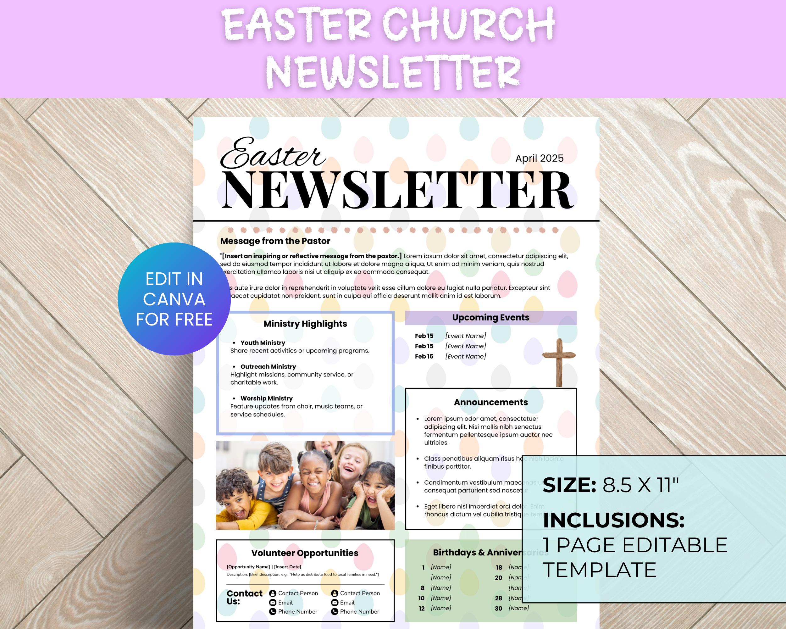 Easter Sunday Church Newsletter Template, April Newsletter Editable ...