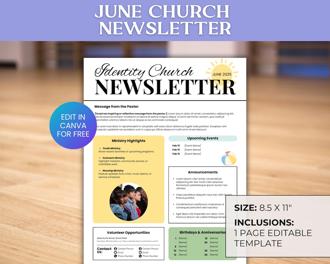 June Church Newsletter Template, Summer Newsletter Canva Editable ...
