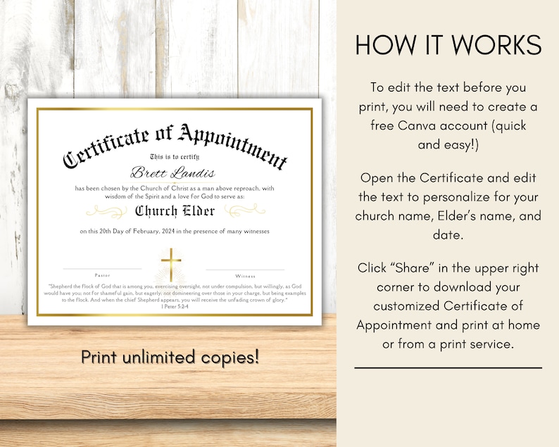 Editable Church Elder Certificate of Appointment, Church Printable ...