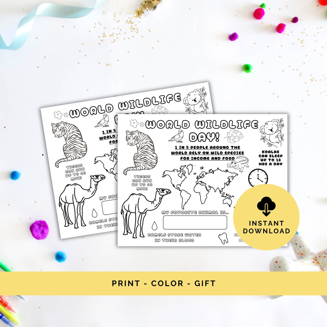 World Wildlife Day Coloring Page, Wildlife Activity Placemat, March 3rd ...