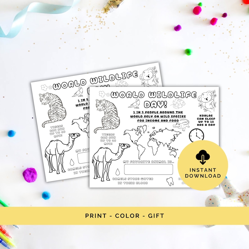 World Wildlife Day Coloring Page, Wildlife Activity Placemat, March 3rd ...