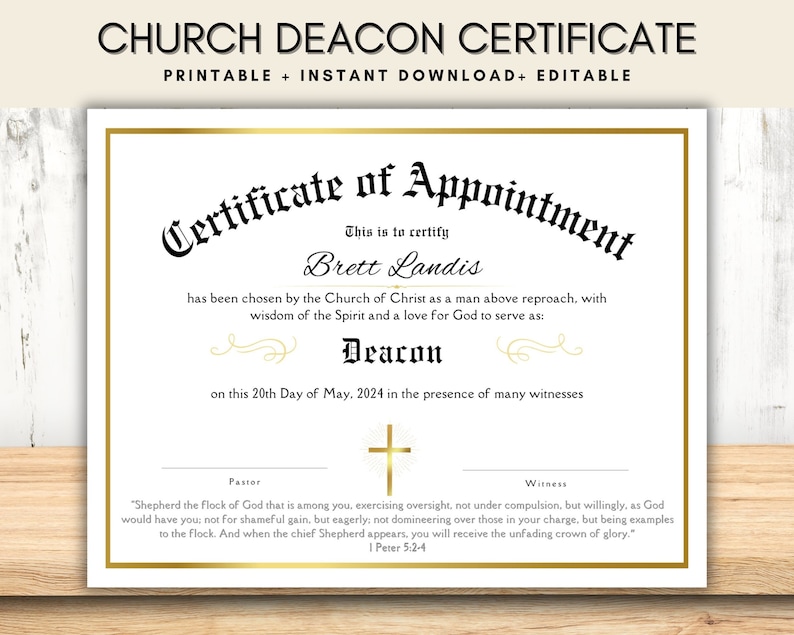 Editable Church Deacon Certificate of Appointment, Church Printable Certificate of Appreciation ...