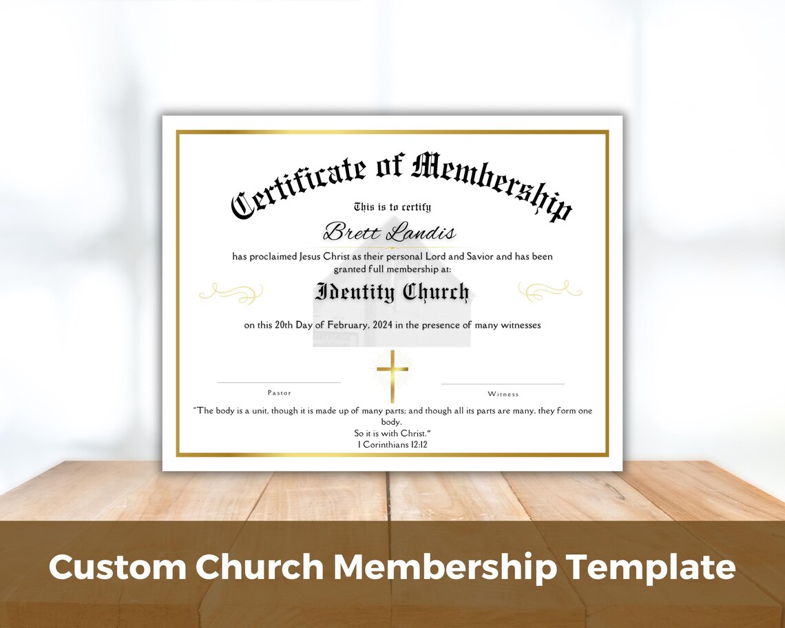 Custom Church Membership Certificate Editable, Certificate of ...