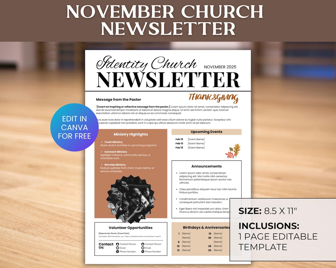 November Church Newsletter Template, Thanksgiving Newsletter Canva ...