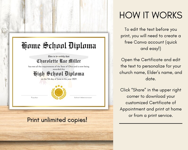 High School Diploma Template, Editable High School Diploma for Home ...