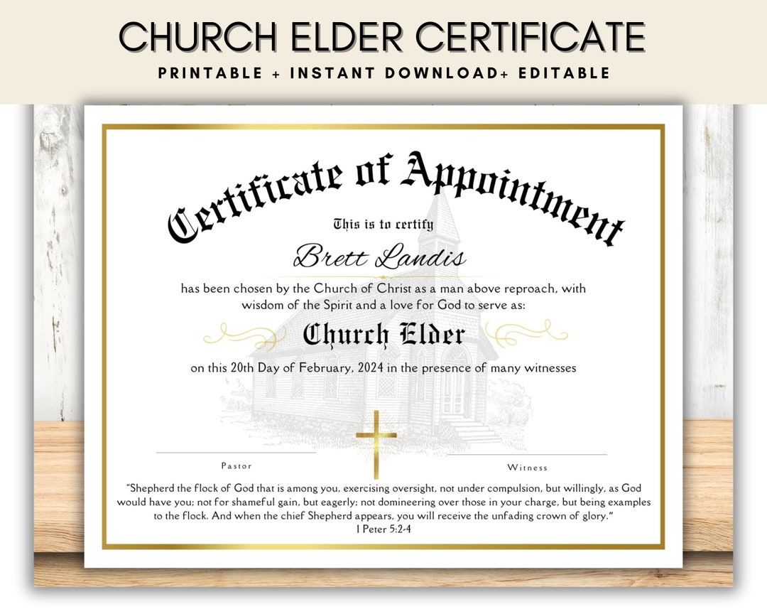 Editable Church Elder Certificate of Appointment, Church Printable ...