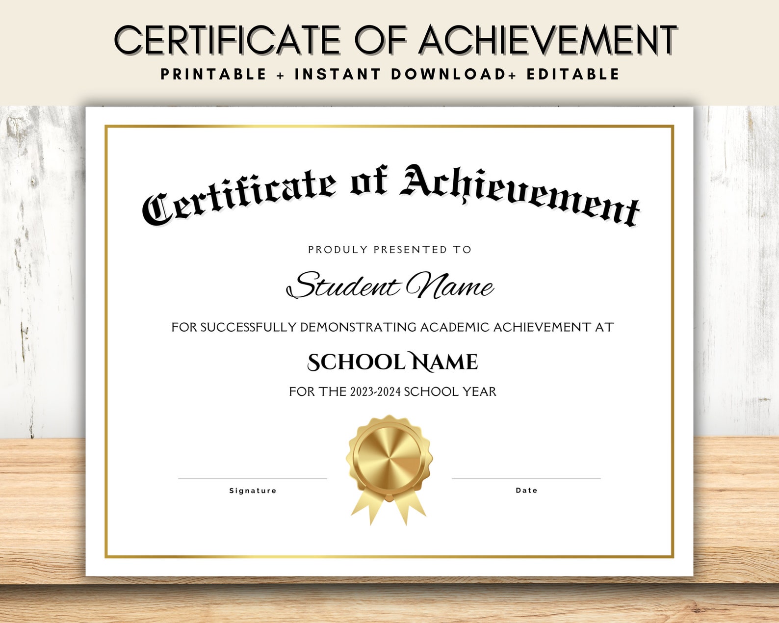 Editable Certificate of Achievement Award, End of the Year Student ...